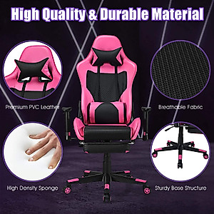 Giantex Massage Gaming Chair Pink, Ergonomic Video Game Chair with Footrest, High Back E-Sport Computer Chair with Headrest & Massager Lumbar Support, PU Leather Gaming Seat