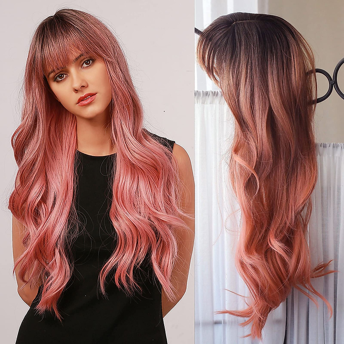 Clearance Ombre Pink Wig with Bangs 26 Inch 65cm Long Wavy Synthetic Wig Ombre Dark Root To Pink Colored Wigs for Women Heat Resistant Wigs for Daily Cosplay Party Wear Natural Looking Wig