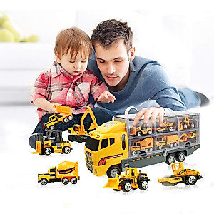 Coolplay 11 in 1 Construction Cars and Trucks Toy for Boys Yellow Truck Carrier Toy Set Little Die-cast Vehicles Mini Excavator Backhoe Mixer Dump Truck Cars for Kids Ages 3-8