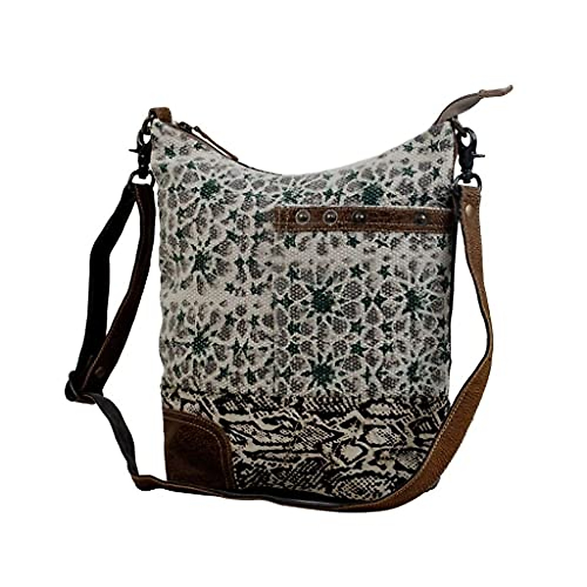 Myra Bag Unconventionally Etched Shoulder Bag Upcycled Cotton & Cowhide Leather S-2862