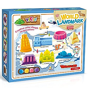 Yiqis Dough and Play Sand & Air Dry Clay Molding Toys and Tools Kits Sets for Kids Ages 4-8,18PCS, Includes 8 World Landmarks Building Molds,2 Cutter Tools,8 Dough Colors