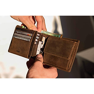 DiLoro Mens Buffalo Leather Wallet Bifold Flip ID Section Coin RFID Protection Full Grain Credit Card Holder Purse (Dark Hunter Brown)