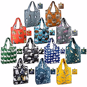 BeeGreen Dragonfly Penguin Flamingo Reusable Grocery Bags Foldable Bulk 12 Pack, Cute Animal Reusable Shopping Bags Extra Large 50LBS Heavy Duty, Machine Washable Reusable Bags for Groceries Nylon