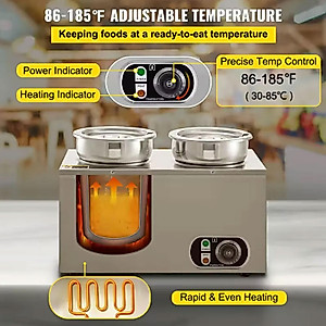 2 Pot Commercial Food Warmer, 600W Electric Steam Table with 30-85℃ Temperature Adjustment, Buffet Food Warming Tray for Chocolate, Milk, Soup, Drinks, Coffee