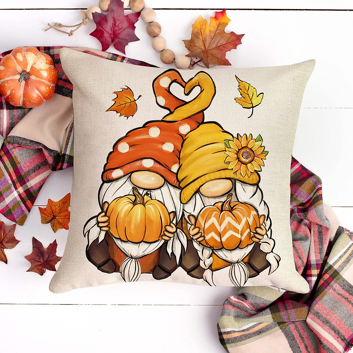 Fahrendom Fall Gnome Pumpkin Decorative Throw Pillow Covers 18x18 Set of 4, Autumn Truck Buffalo Plaid Check Porch Patio Outdoor Pillowcase, Maple Leaves Thanksgiving Farmhouse Cushion Case Home Decor