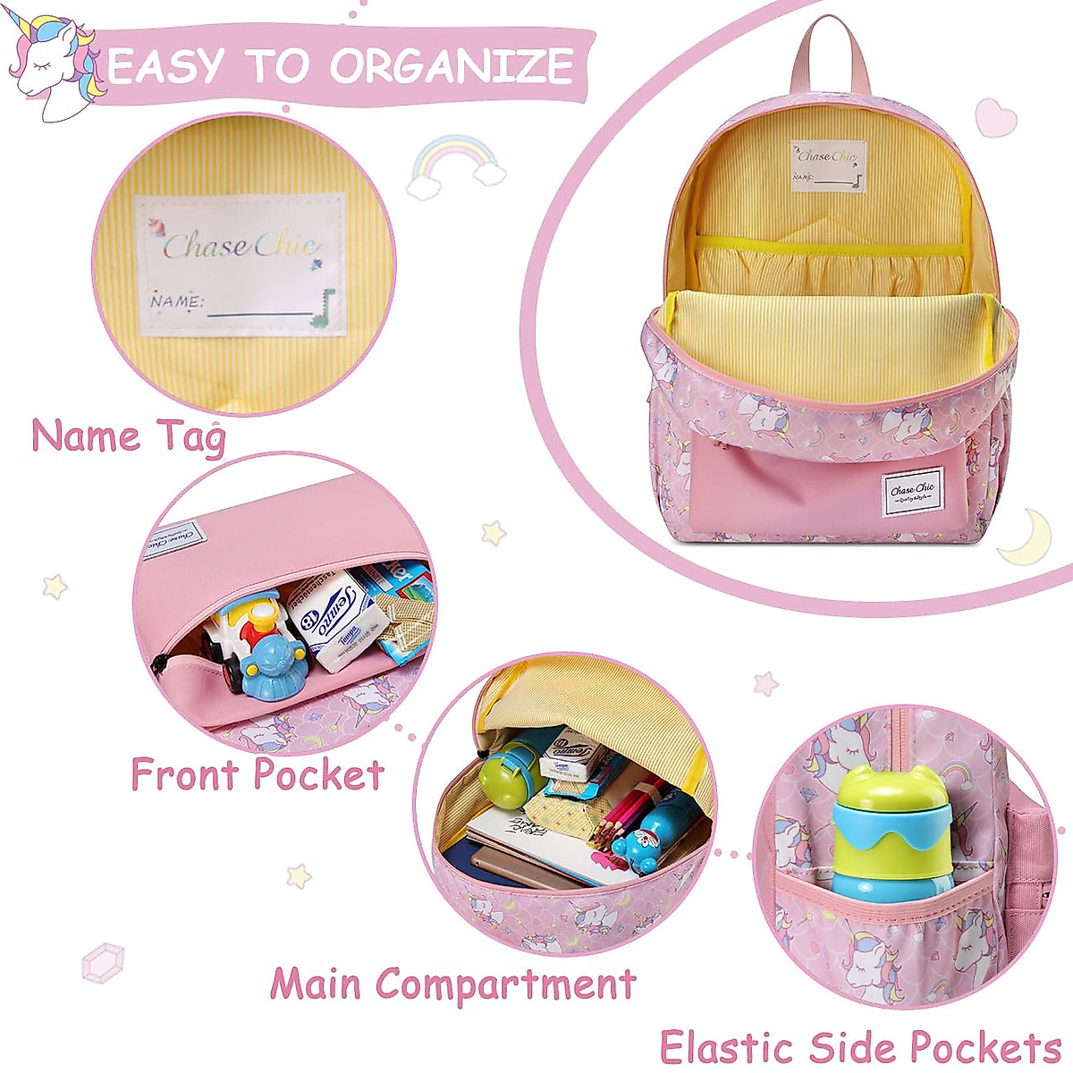 Backpack for Girls,ChaseChic Water-resistant Kids Backpack Preschool Kindergarten Bookbag Lightweight Toddler Nursery School Unicorn Backpacks with Chest Strap,3-18Years(Pink)