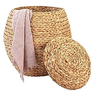 Water Hyacinth Natural Multipurpose Barrel Storage Tub with Lid, Basket for Organizing, Ottoman Stool