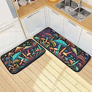 ZENWAWA Kitchen Mats 2 Pieces Set for Floor Magical Mushrooms Print, Non Skid Anti Fatigue Kitchen Rugs Cushioned Absorbent Comfort Floor Mats for Kitchen Sink