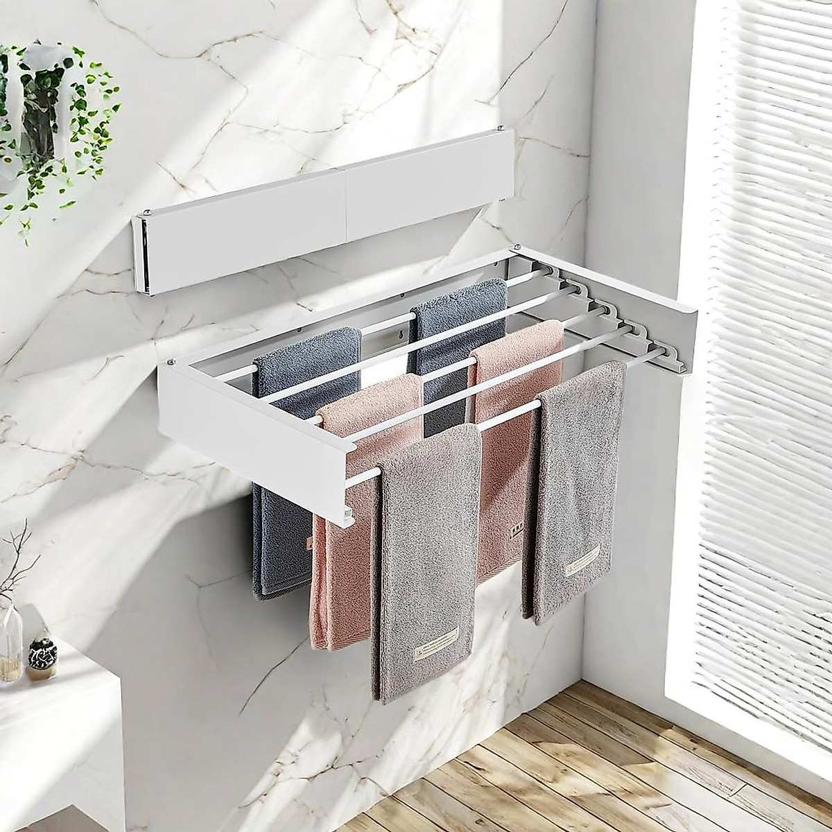 leean Laundry Drying Rack, Wall Mounted, Retractable Clothes Drying Rack, Folding Towel Drying Rack for Bathroom, Laundry Room Organization,Outdoor Yard, Balcony (White)