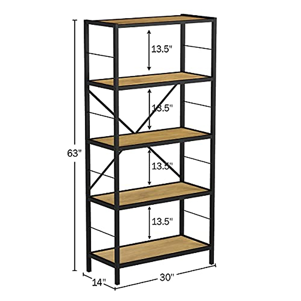 Lavish Home 5-Tier Bookshelf-Open Industrial Style Etagere Wooden Shelving Unit, 63", Oak