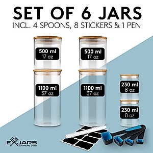6 Glass Food Storage Jars With Airtight Bamboo Lid | 3 Sizes of Containers with Spoons And Labels | Organize Your Pantry, Kitchen, or Bathroom. Good for Pasta, Use Them For Coffee, Food, or Soap
