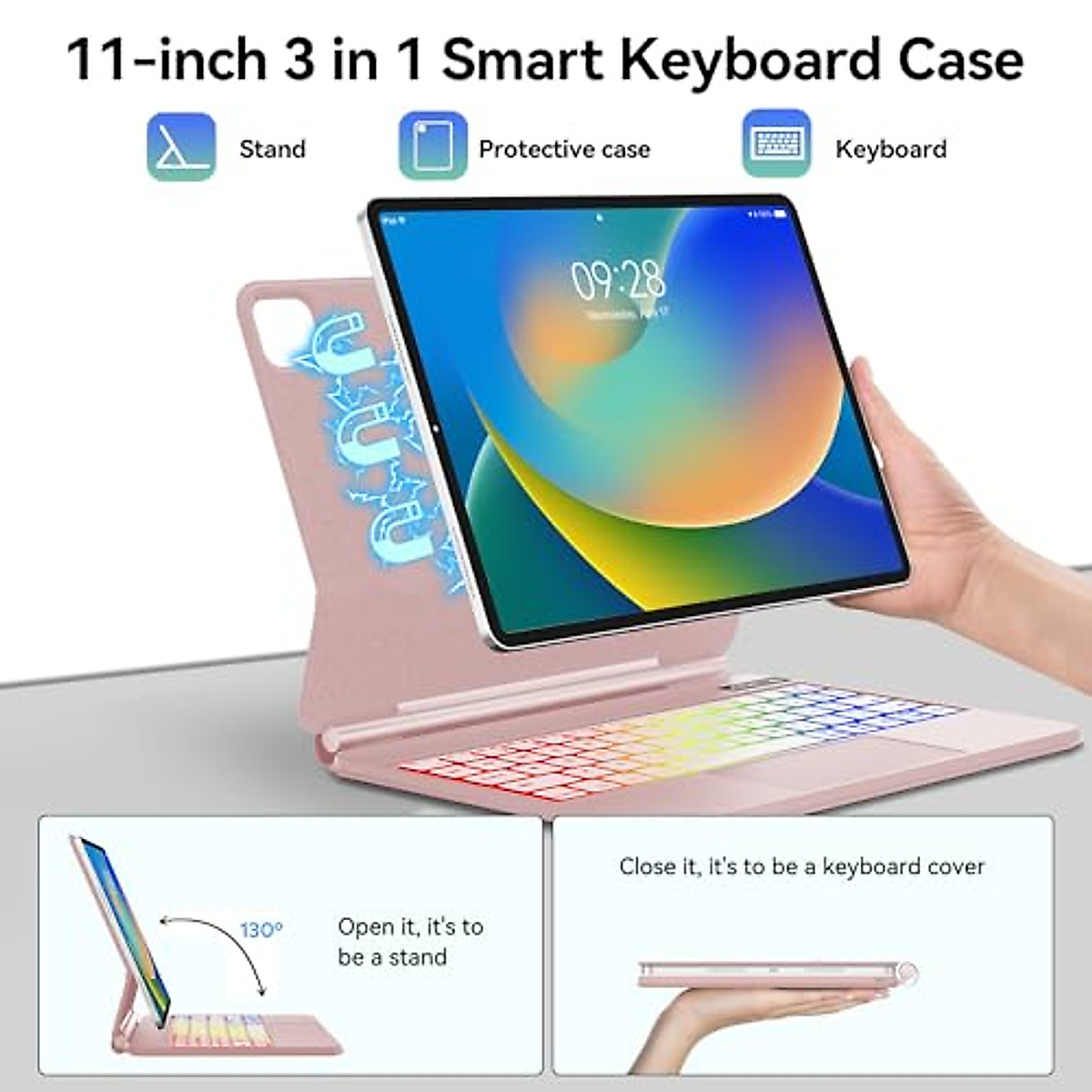 iPad Air 11-inch Generation Keyboard Case Smart Magnetic Folio Keyboard Cover with 7 colors Backlit Multi-Touch Trackpad, for (M2) 2024 / iPad Pro 11 inch (4th/3rd/2nd/1st Gen) / iPad Air 5th 4th Gen