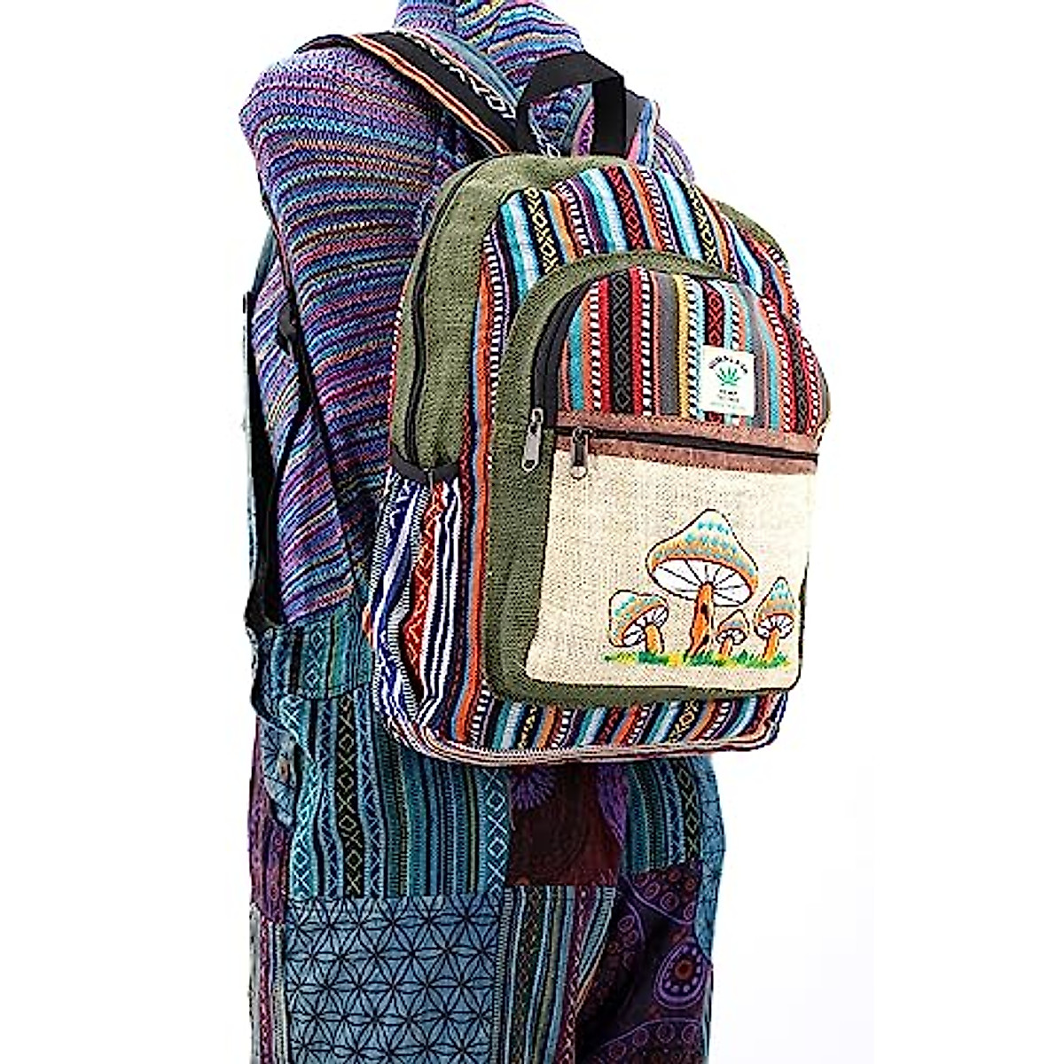 Unique Mushroom Embroidered Tie Dye Himalaya Hemp Large Hippie Backpack Festival Backpack FAIR TRADE Handmade with Love. (GREEN)