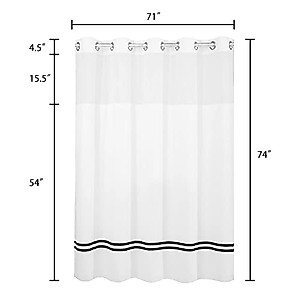 River Dream Sheer Fabric Shower Curtain with Snap-in Liner, Black Satin Stripe Accent, No Hooks Needed, Includes Magnetic Weights and Chrome Split Rings, 71" W x 74" H, White.
