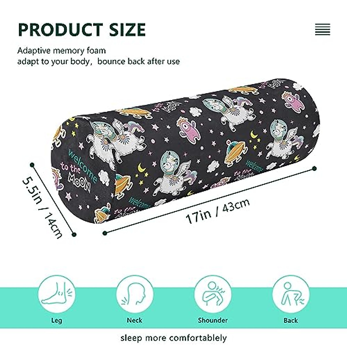 Llama Unicorn Space Neck Support Pillow Round Neck Roll Bolster Cylinder Pillow Cervical Pillows Body Pillow for Leg Knee Back Head Support for Work Men Women Bed