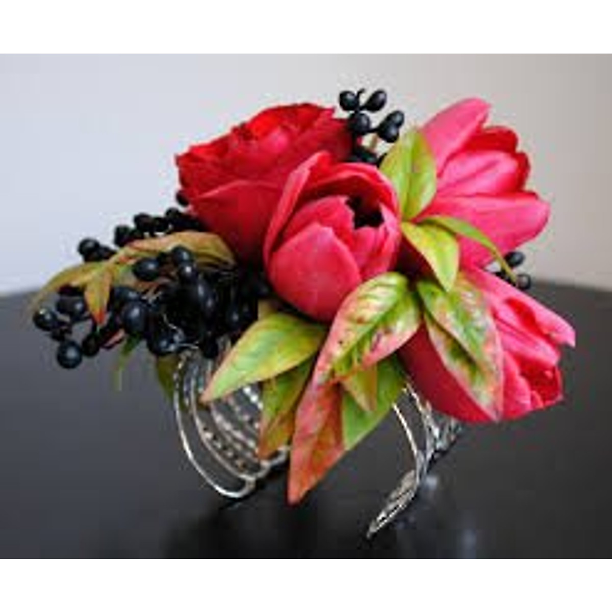 Floral Corsage Bracelet - Hammered Faux Silver - Nina Cuff