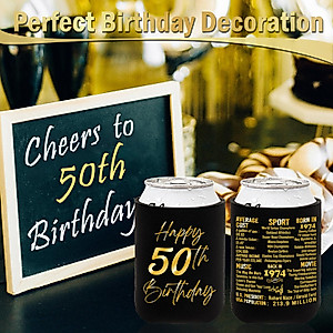 BackURyear 50th Birthday Decorations for Women men, 50 Years Old Birthday Decor, Fifty Birthday Party Supplies, 50th Birthday Party Beverage Can Cooler Sleeves, Black & Gold (12 Pcs)