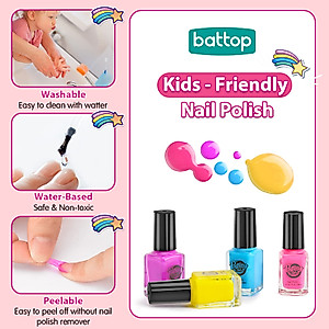 BATTOP Kids Nail Polish Set for Girls, Nail Art Kits with Nail Dryer & Glitter Pen, Quick Dry & Peel Off & Non-Toxic Nail Polish Birthday Gifts for Girls Ages 6 7 8 9 10 11 12