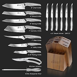 Kitchen Knife Set with Block, DDF iohEF 16 PCS Knife Set for Kitchen with Block Japanese Stainless Steel, Ultra Sharp Chef Knife Set with Sharpener