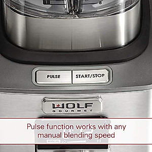 Wolf Gourmet High-Performance Blender, 64 oz Jar, 4 program settings, 12.5 AMPS, Blends Food, Shakes and Smoothies, Red Knob, Stainless Steel (WGBL100S)
