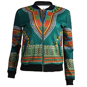 DONTAL Women Dashiki Coat Retro Long Sleeve African Print Short Casual Jacket Autumn Outwear Green