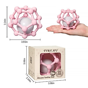 Baby Teethers Toys Silicone Soft Ball Easy to Hold Teether for Sensory Ball Exploration & Teething Stress Relief Molar Ball Soothing Teether Toy Baby Ball for Ages 0 Months+,(Rattle Teether Ball-Pink)