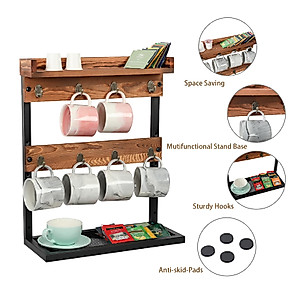 X-cosrack Countertop Coffee Mug Holder Rack 2 Tier Wall Mount Coffee Cup Holder Stand with 8 Hooks and Storage Shelf,Display Organizer Rack for Home Kitchen, Rustic Brown