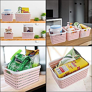 8 Pack Plastic Storage Basket 9.2 x 6.8 x 4.7 Inch, Acrux7 Portable Plastic Weave Kitchen Refrigerator Basket Bathroom Desktop Storage Box for Kitchen, Bathroom and Cabinet (Pink)