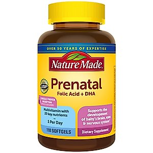 Nature Made Prenatal with Folic Acid + DHA, Prenatal Vitamin and Mineral Supplement for Daily Nutritional Support, 110 Softgels, 110 Day Supply