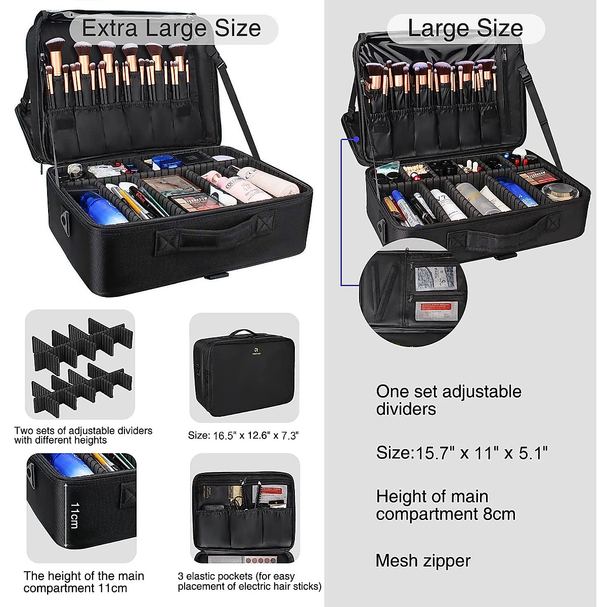 Relavel Extra Large Makeup Case Travel Makeup Train Case Professional Makeup Artist Bag Portable Nail Organizer Box Art Supply Case with Adjustable Dividers/Attach to Trolley/Shoulder Strap (Black)