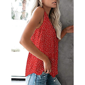 VIISHOW Women's V Neck Lace Trim Casual Tank Tops Sleeveless Blouses Shirts, Floral red, Large