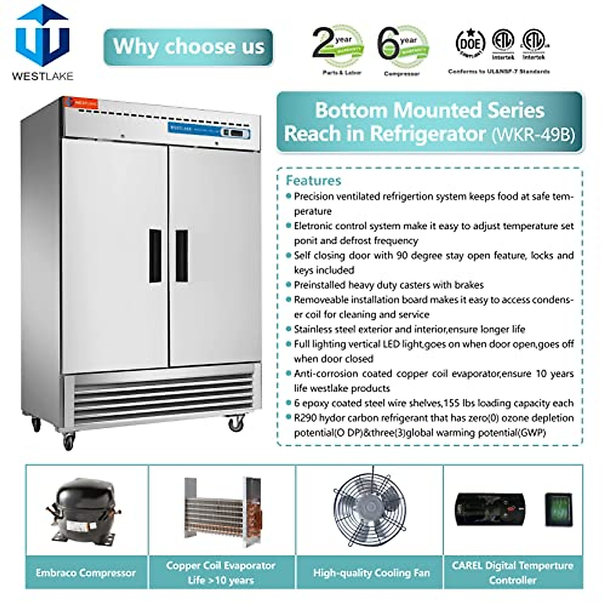 WESTLAKE 54" W Commercial Refrigerator 2 door 2 Section Stainless Steel Reach in Solid door Upright Fan Cooling 49 Cu.ft Cooler for Restuarant, Bar, Shop, etc