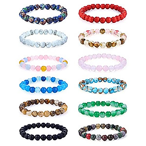 JeryWe 12 Pcs 8mm Beaded Bracelets for Women Men Natural Stone Stackable Bracelet Charm Beaded Healing Crystal Stretch Bracelets Jewelry