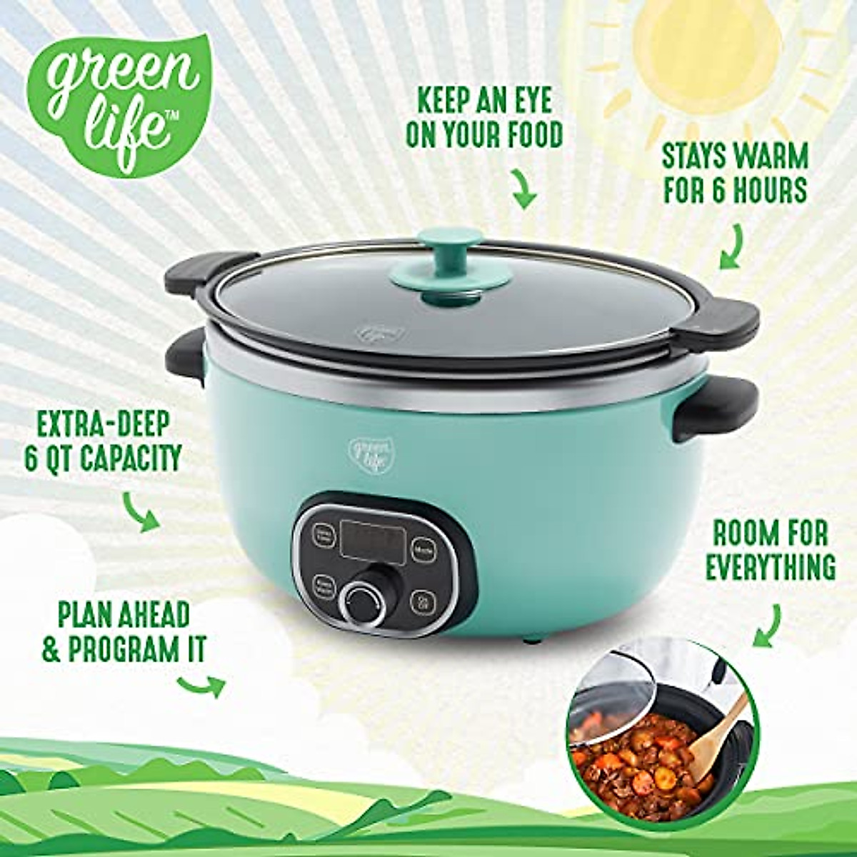 GreenLife Cook Duo Healthy Ceramic Nonstick 6QT Slow Cooker, PFAS-Free, Digital Timer, Dishwasher Safe Parts, Turquoise