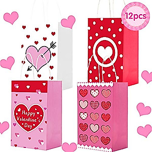 MISS FANTASY Valentine Gift Bags 12 Pack Valentine Day Gift Bags for Kids Party Valentine Paper Goodie Bags Valentine Cookie Candy Bags with Handles for Valentine Party Supplies