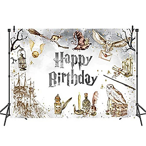 Mocsicka Wizard Birthday Backdrop Magical Castle Witch Wizard School Happy Birthday Photography Background Vinyl Kids Sorcerer Theme Birthday Party Cake Table Decoration Photo Booth (Gray, 7x5ft)