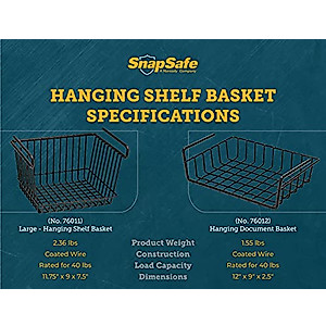 SnapSafe Hanging Shelf Large Basket, 76011 - Coated Wire Basket Maximizes Storage for Documents, Gun Accessories, & Ammo - Easy Access Under Shelf Storage for Gun Safes - Holds Up to 40 Pounds