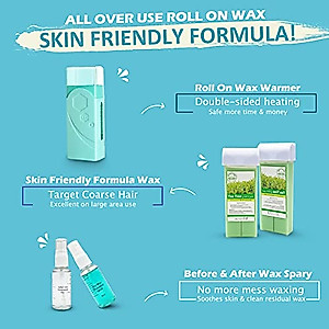 Roll On Wax Kit, at Home Wax Roller for Women, Rolling Wax Hair Removal Kit for Brazilian Wax, Underarms, eyebrows, Waxing kit includes 2 Soft Wax Cartridge & 100 Non-woven Wax Strips (Green)