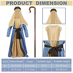 Patelai 6 Pcs Child Shepherd Costume Kids Child Costume with Robe Lining Scarf Sash Cane Beard for Halloween Cosplay(Medium)