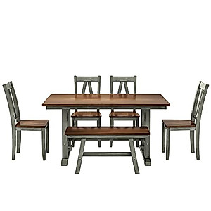 Harper & Bright Designs 6-Piece Dining Set, Farmhouse Style Wood Dining Table and 4 Dining Chairs & Long Bench, Kitchen Table Set, Walnut+Gray