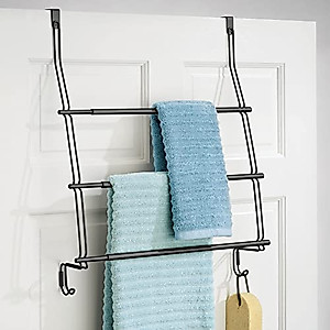 mDesign Expandable Metal Over Shower Door Towel Rack for Bathroom - 3-Tier Organizer with 2 Large Hooks - Holder for Hand/Bath Towels, Washcloths, Loofahs, Sponges - Trinity Collection - Matte Black