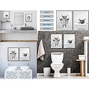 Highland Cow Wall Art Poster – Unframed Set of 2 (12x16 Inch) – Funny Bathroom Wall Decor, Black and White Wall Art, Bathroom Wall Decor, Kids Bathroom Decor, Animal Highland Cows Pictures Posters for Funny Bathroom and Restroom, Modern Cute Chic Cool Uni