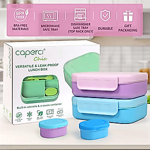 Caperci Bento Box for Kids - Stackable Leakproof Multiple Compartments Lunch Containers for Kids with Sauce Container, 5.8 Cups, Idea for School, On-the-go, Built-in Utensil Set, BPA Free (Purple)