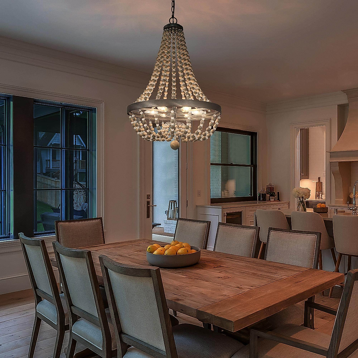 LALUZ Farmhouse Chandelier, Boho Light Fixture for Dining Room, Bedroom, Handmade Wood Beads, 6-Light, 28.3" H x 20.1" W