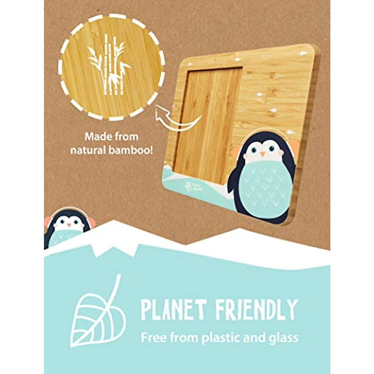 Planet Buddies Picture Frame 4x6 inch, Penguin Themed Photo Frame with Wooden Effect, Freestanding or Wall Hanging Room Decor, Keepsake Ideas for Baby Nursery and Bedroom, Gifts for Kids, Plastic Free