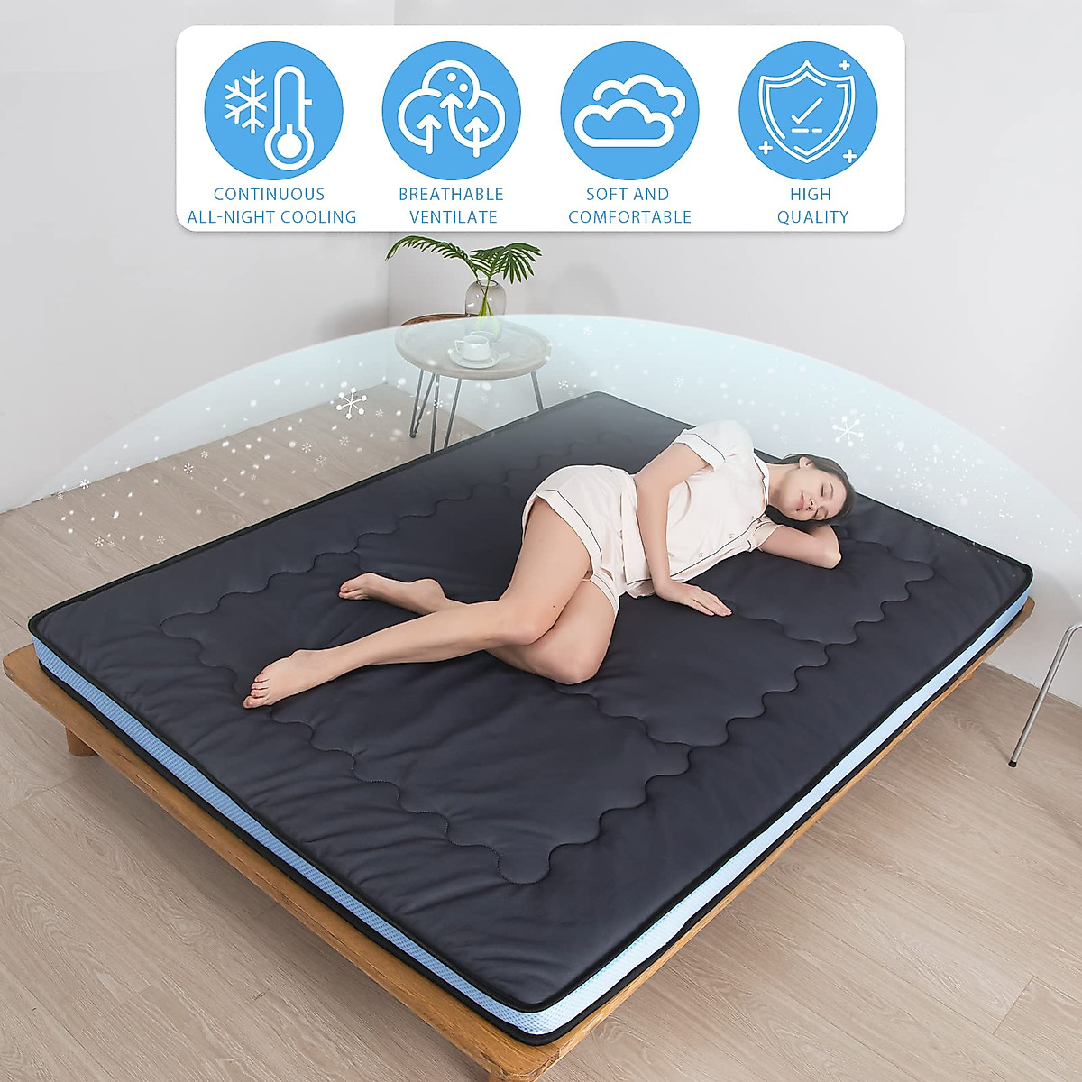 MAXYOYO Cooling Floor Mattress Japanese Futon Mattress for Hot Sleepers, Cooling Mattress Pad Portable Camping Mattress Roll Up Mattress for Summer, Breathable Mesh, Cool Sleep, Charcoal Black, Full