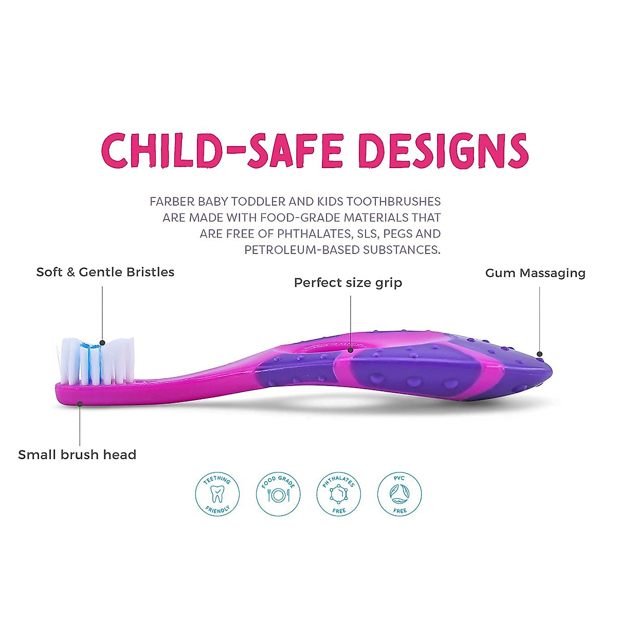 Farber Baby | Toddler Toothbrush (4 Pack) - Extra Soft Bristles, BPA Free, Soothing Teething Nub Ring Handle, 0-2 Years (Purple)