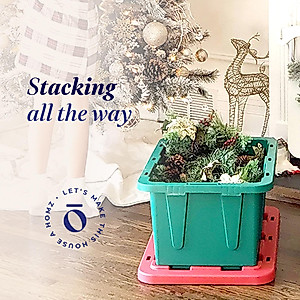 HOMZ Durabilt 15-Gallon Holiday Storage Bins with Lids, Heavy-Duty Stackable Holiday Totes Storage with Snap-fit Lids, Green Base and Red Lid, 4 Pack