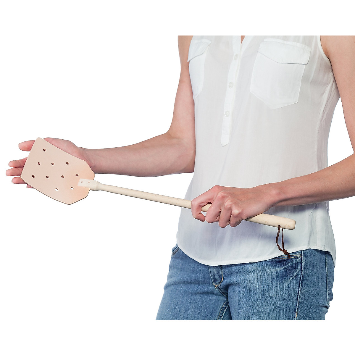 REDECKER Flyswatter with Beechwood Handle and Punched Leather Head, Flexible Leather Head is Stain Resistant and Easy to Clean, 20 inches - Fly Swatter Leather, Made in Germany - Wooden Fly Swatter