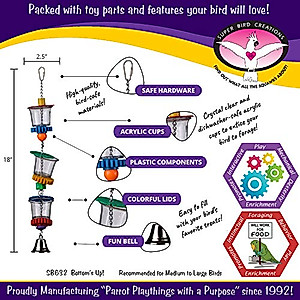 Super Bird Creations SB632 Foraging Bottom’s Up Bird Toy with Clear Acrylic Cups, Medium /Large Bird Size, 18” x 2.5”